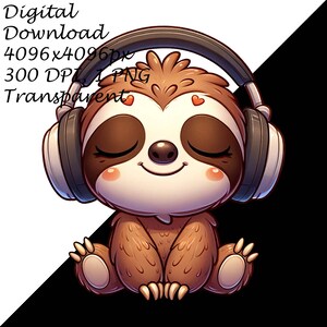 Adorable Sloth With Headphones Digital Clipart | Music Lover Cute Sloth ...