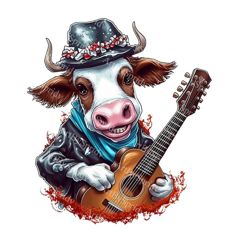 Musical Cow Clipart Playing Guitar, Transparent PNG Illustration for ...