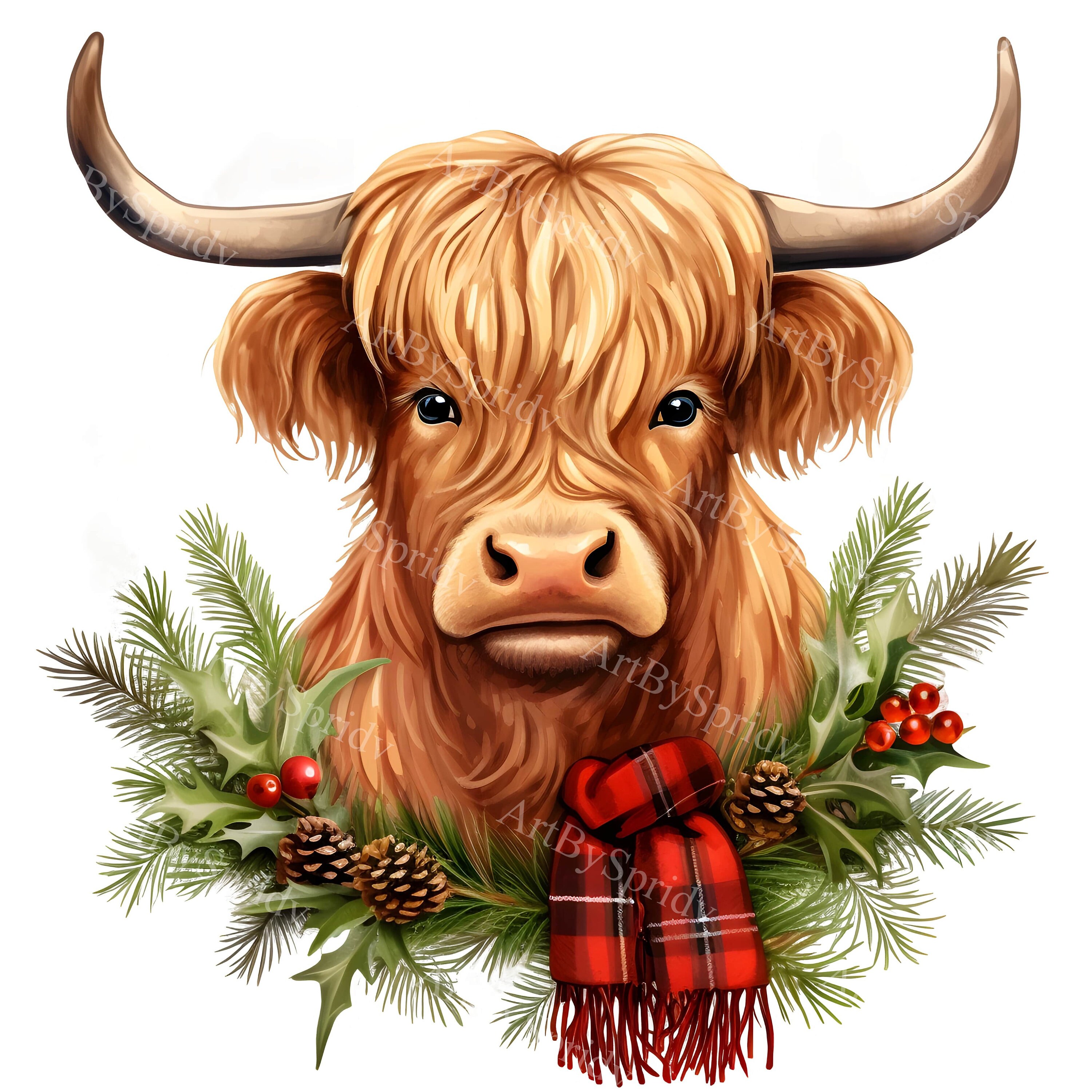 Watercolor Highland Scottish Cow With Christmas Tree PNG Clipart ...