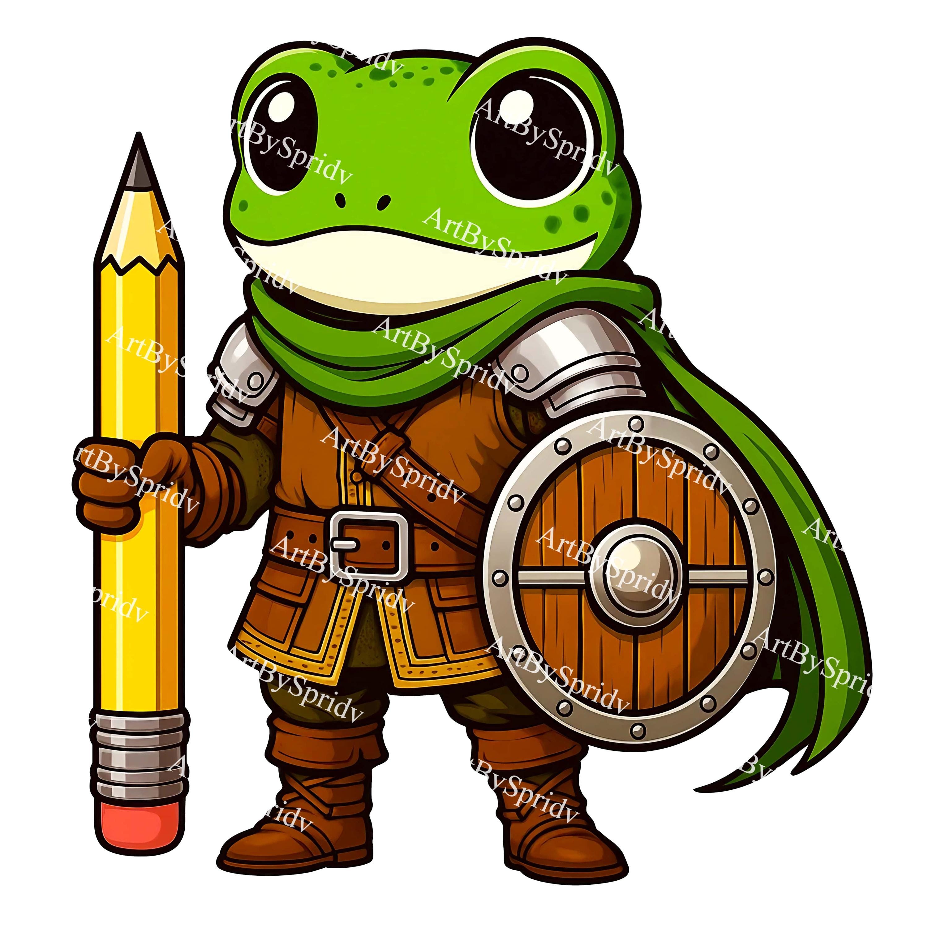 Cute Frog Warrior Clipart With Pencil and Shield – PNG Transparent ...