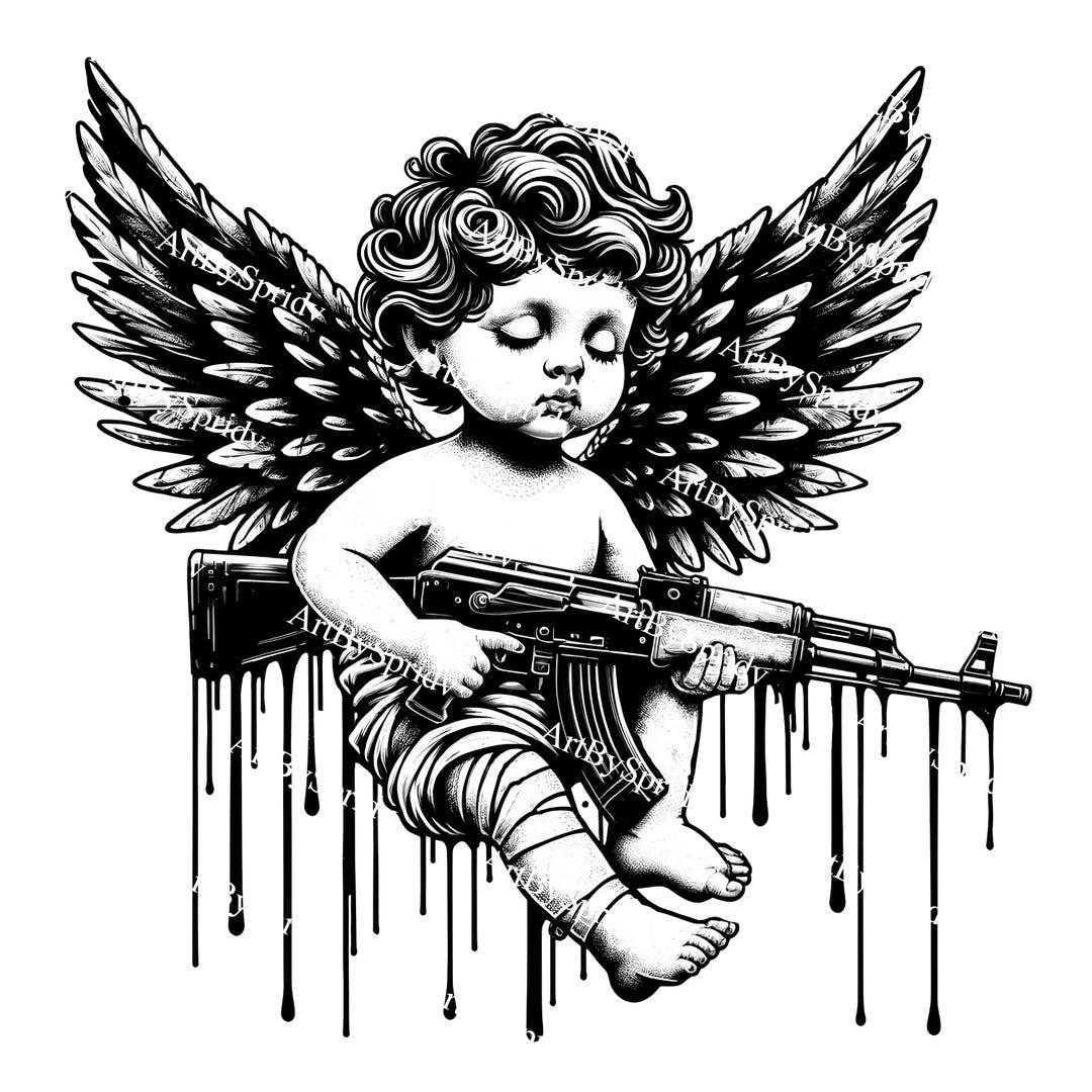 Dark Angel Cherub PNG, Gothic Graffiti Cherub With Gun, Edgy Tattoo ...