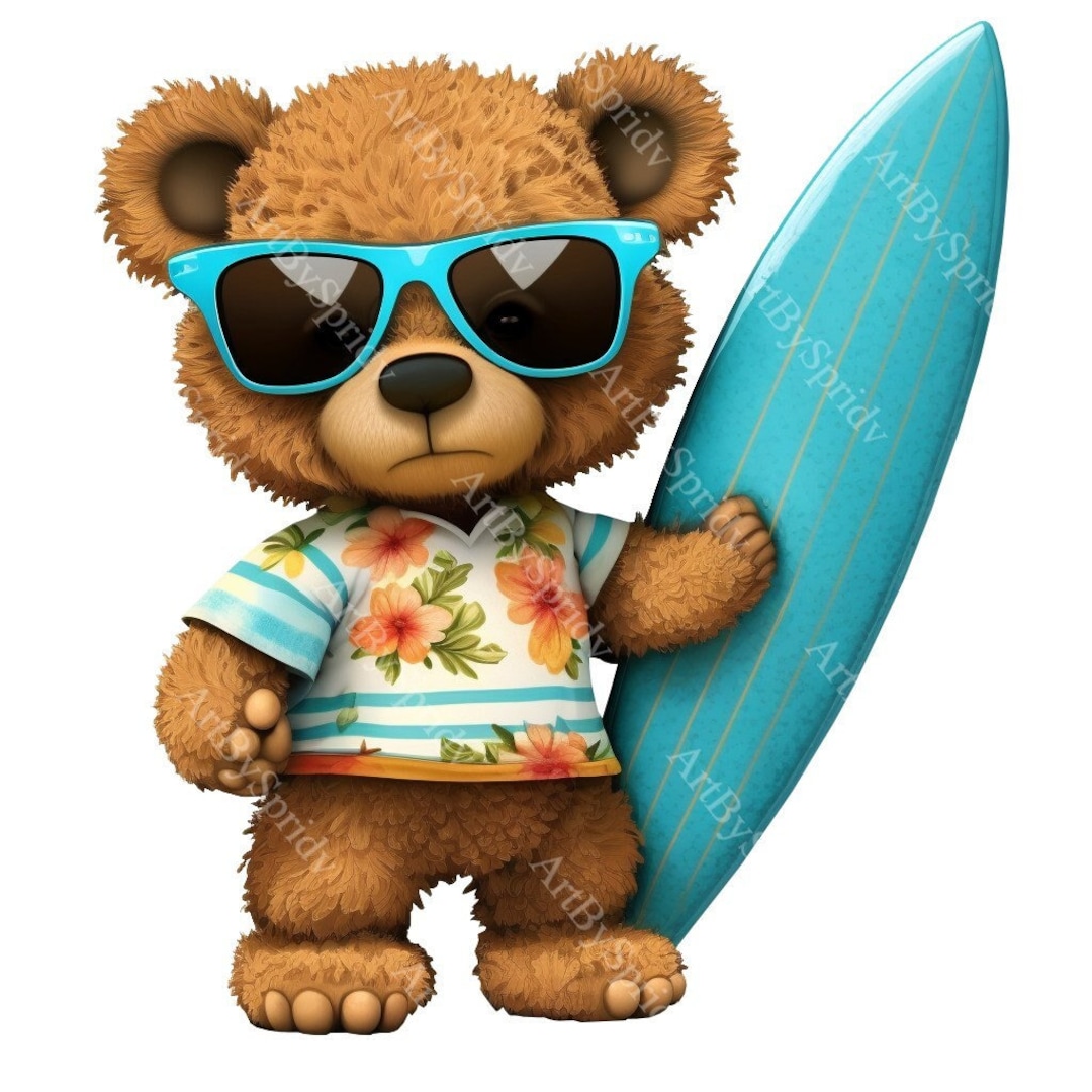 Cute Beach Teddy Bear Surfboard PNG Clip Art-transparent Sunglasses ...