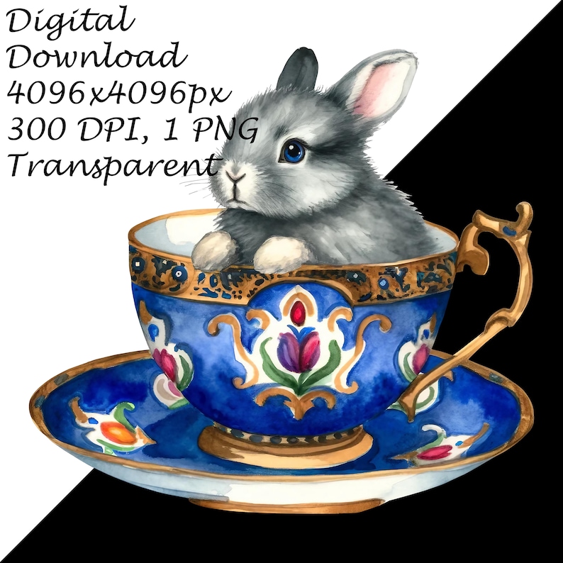 Adorable Bunny in Ornate Teacup Clipart - Watercolor Rabbit Digital PNG ...