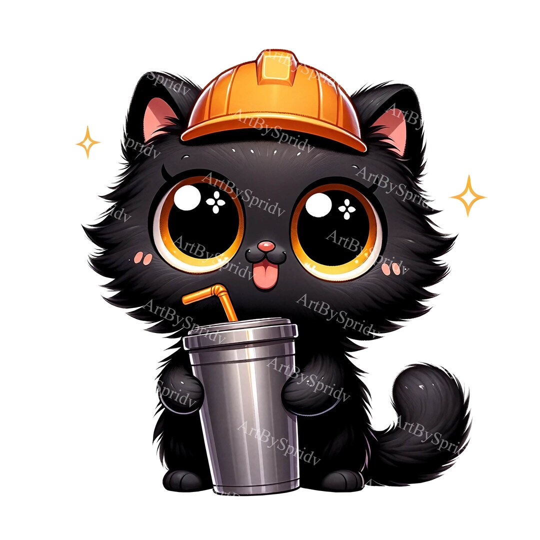 Construction Kitty Clipart - Cute Black Cat With Helmet & Tumbler ...
