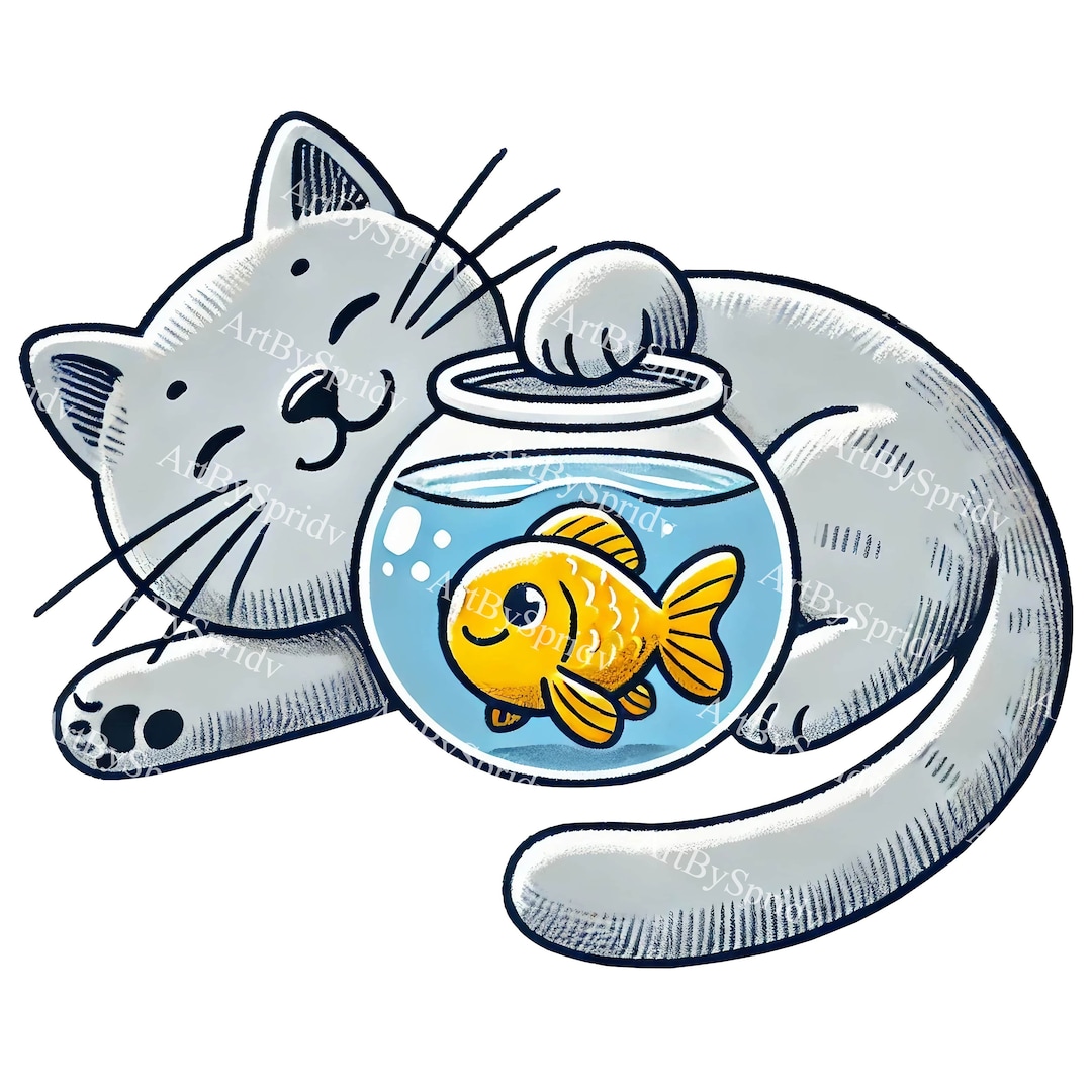 Charming Cat With Fishbowl PNG Clipart - Cute Kitten Illustration for ...
