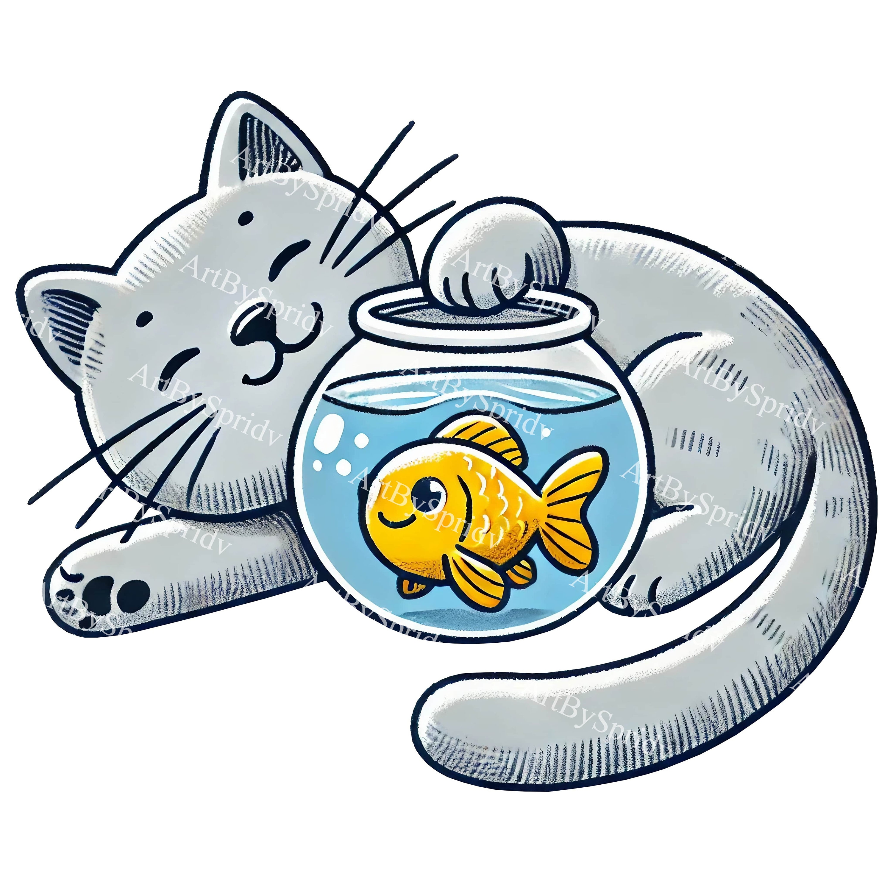 Charming Cat With Fishbowl PNG Clipart Cute Kitten Illustration for ...