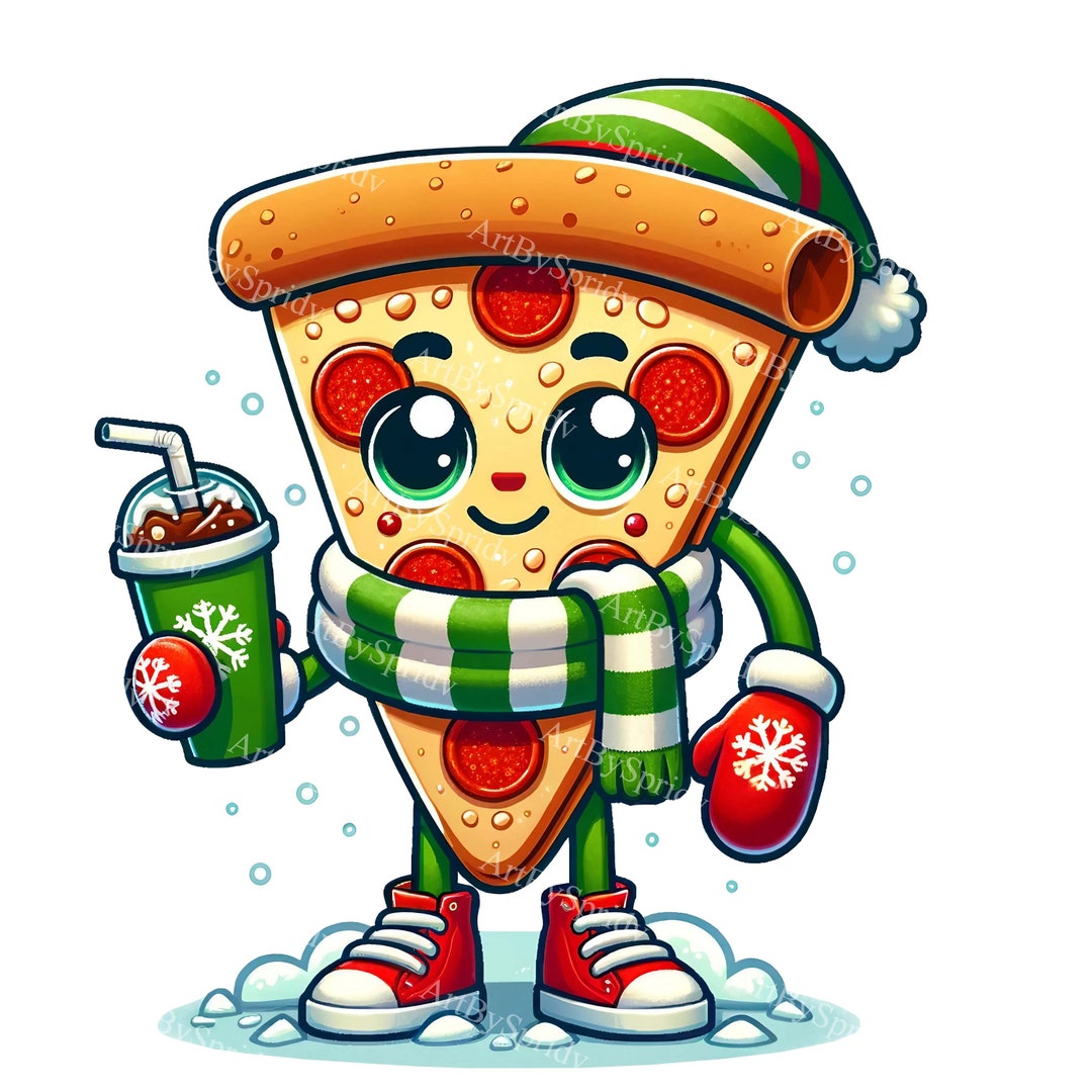 Christmas Pizza Clipart - Cartoon Character PNG for DTG, T-shirt, Mug ...