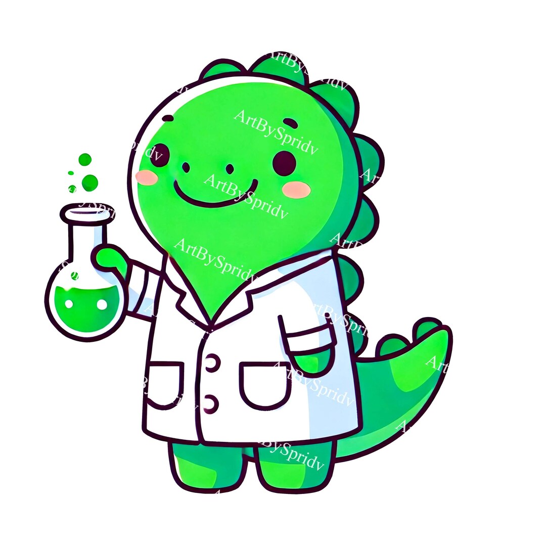 Kawaii Scientist Dinosaur Clipart, Cute Green Dino With Lab Coat and ...
