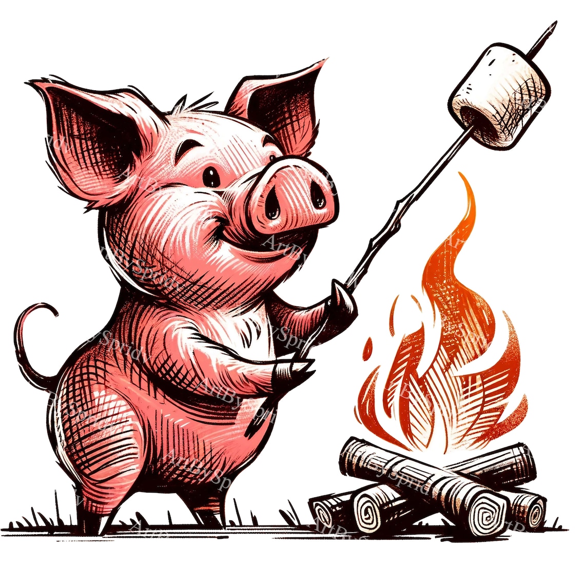 Campfire Pig Clipart, Cute Cartoon Pig Roasting Marshmallow, Hand-drawn ...