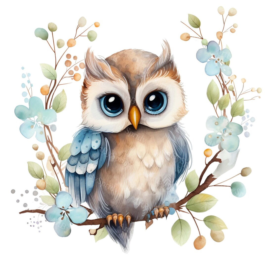 Watercolor Baby Owl on Branch With Flowers - Transparent 4 PNG Clipart ...