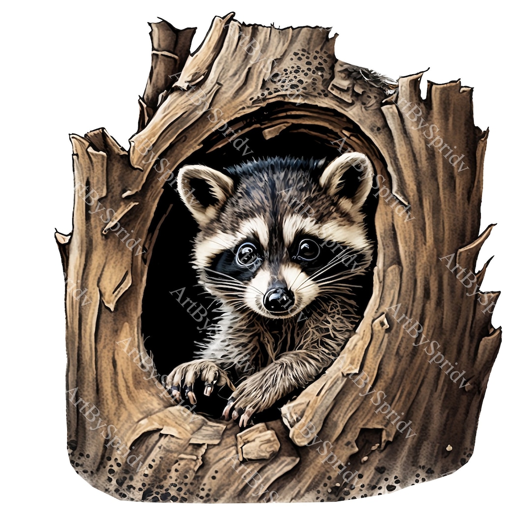Adorable Raccoon in Hollow Tree PNG Clipart, Cute Forest Animal Digital ...
