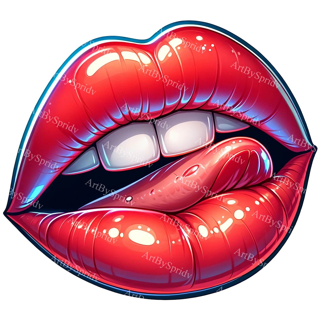 Playful Lips With Teeth Biting Tongue Clipart - Digital PNG for DTG Printable T-shirt, Mug ...