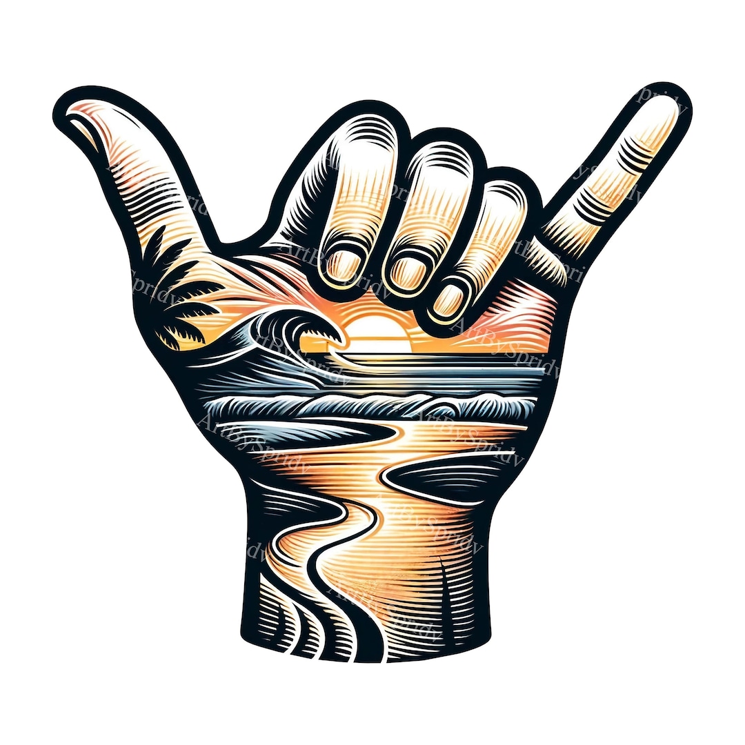 Hang Loose Shaka Sign Clipart: Beach Sunset, Ocean Waves - Digital PNG ...