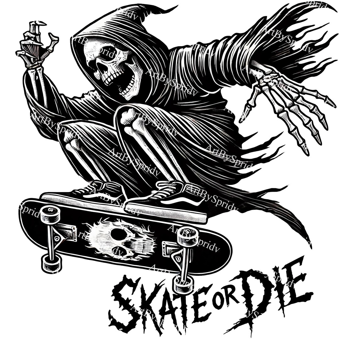 Skate or Die Grim Reaper Png,skeleton Skater Illustration,gothic Punk ...