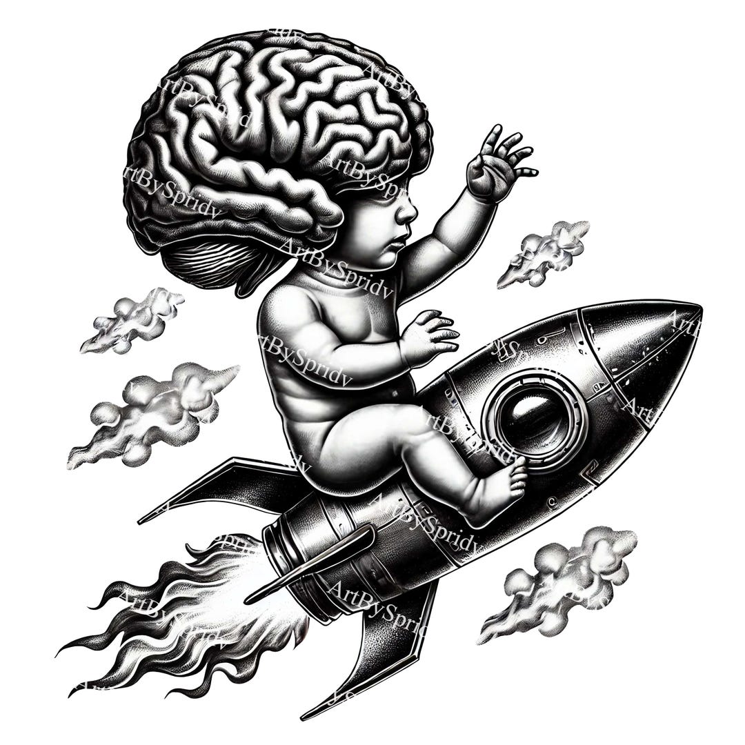 Surreal Big Brain Baby Riding Rocket Clipart, Futuristic Tattoo-style ...