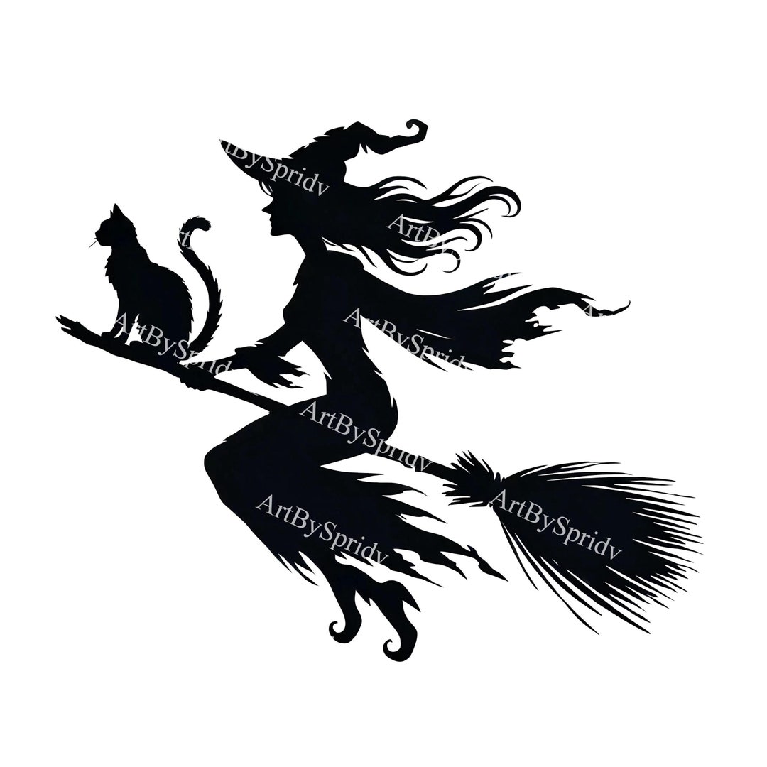 Halloween Witch on Broomstick With Black Cat Silhouette PNG Clipart ...