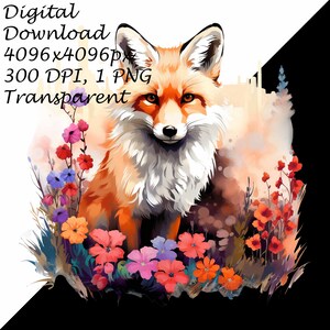 Watercolor Fox Amidst Field of Colorful Wildflowers-transparent 4 PNG ...