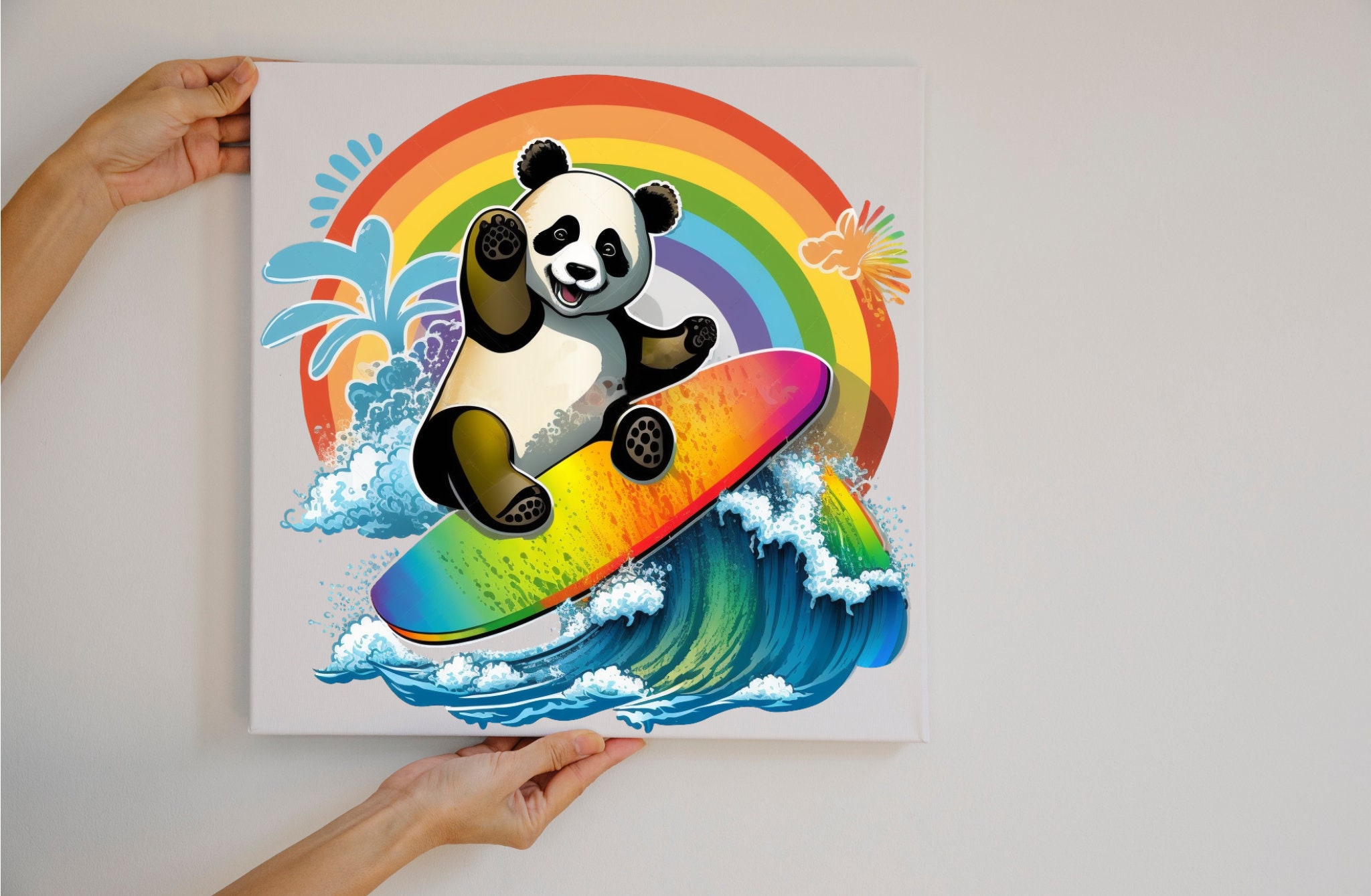 Surfing Panda Clipart PNG, Rainbow Surfboard Digital Art, Cute Panda ...