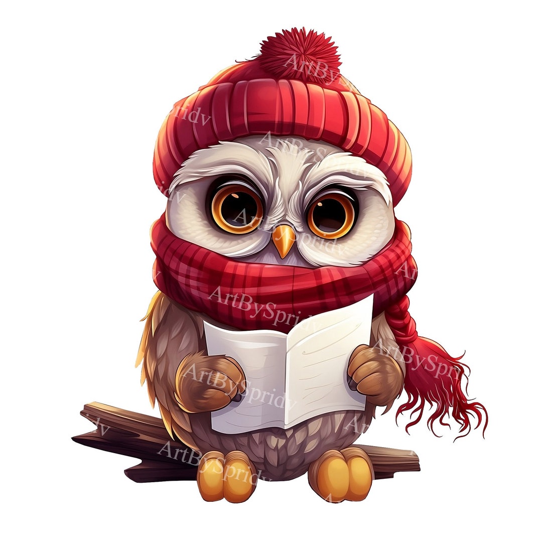 Cute Winter Owl Clipart PNG - Transparent Reading Owl With Red Beanie ...