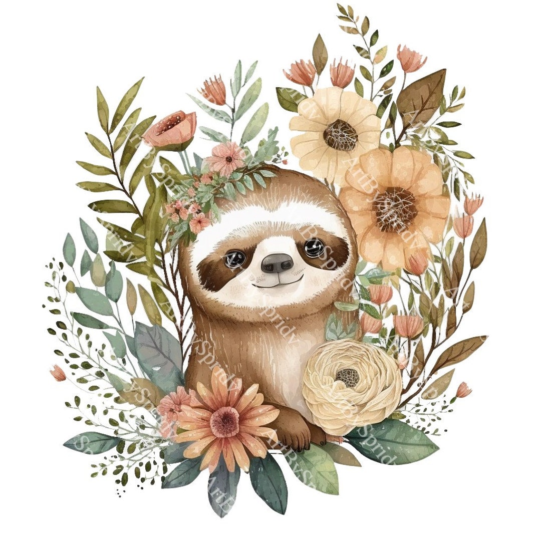 Watercolor Floral Sloth PNG, Cute Cartoon Transparent Clipart Kids ...