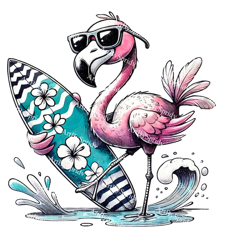 Cool Surfing Flamingo PNG, Tropical Beach Flamingo Clipart, Retro ...