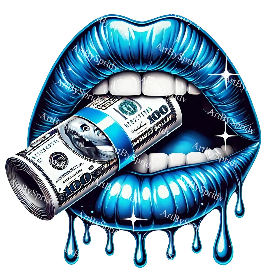 Glossy Blue Lips Biting 100 Dollar Bill Download PNG Clipart, Dripping ...