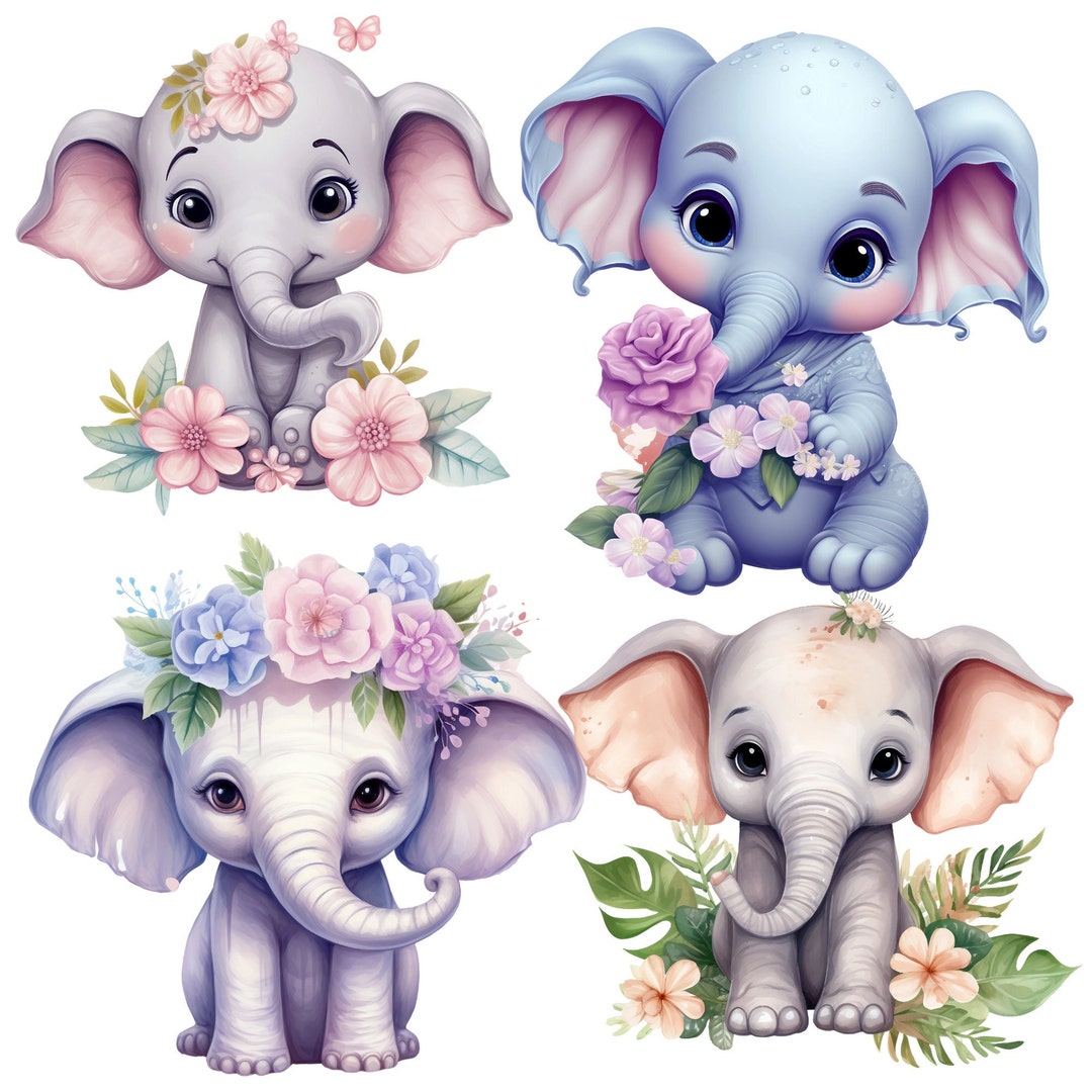 Baby Elephant PNG Clipart Bundle With Floral Crowns, Watercolor Cute ...