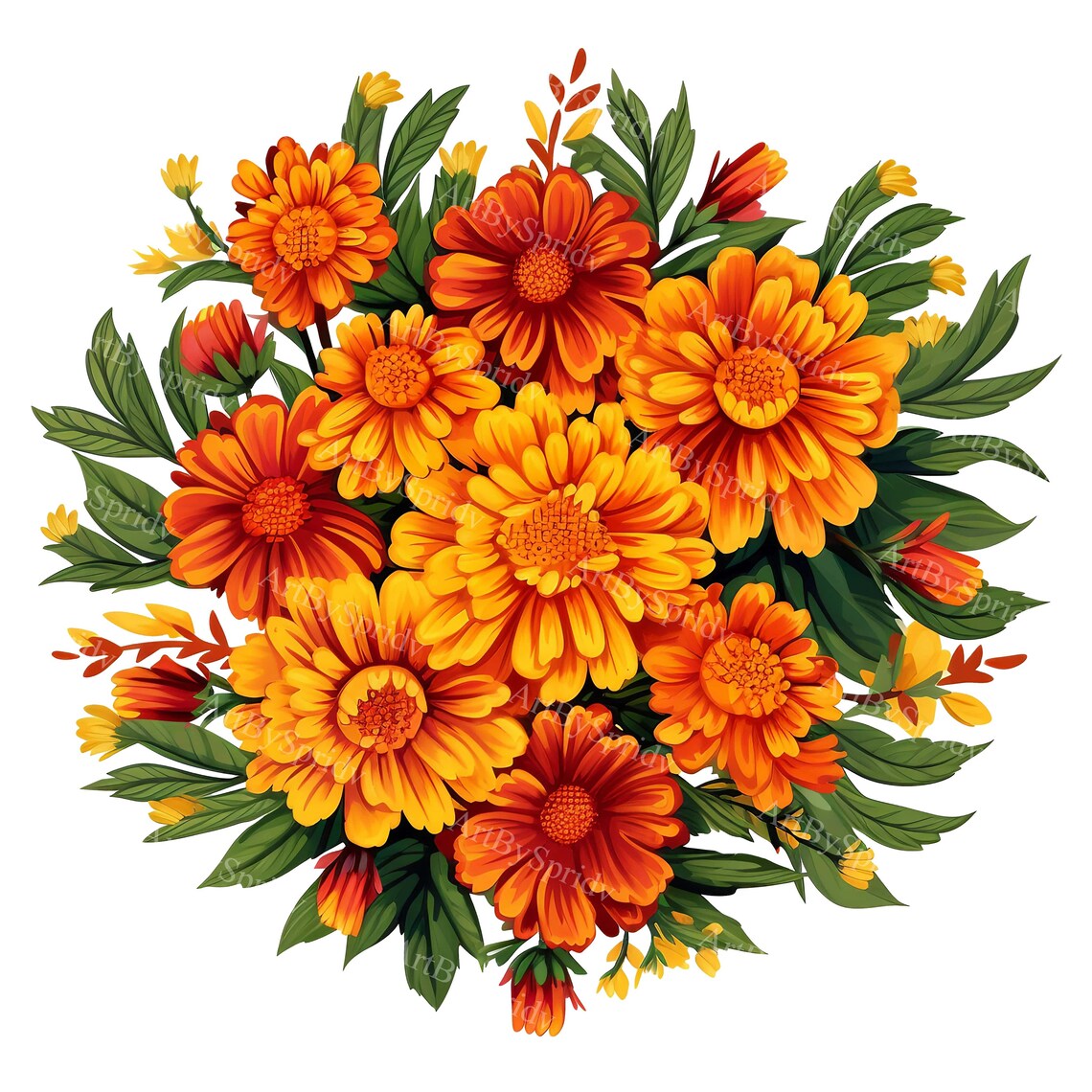 Bouquet of Marigold Blooms With Leave Transparent PNG Clipart,printable ...