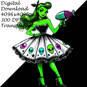 Retro Alien Girl Pin-up PNG, Vintage Space Babe With Ray Gun Clipart ...
