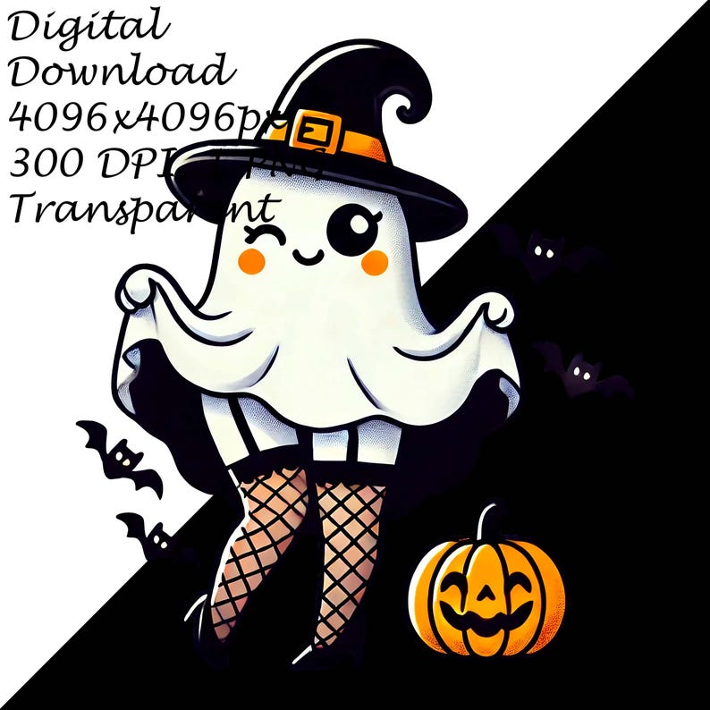 Halloween Ghost PNG Clipart With Witch Hat & Fishnet Stockings, Spooky ...
