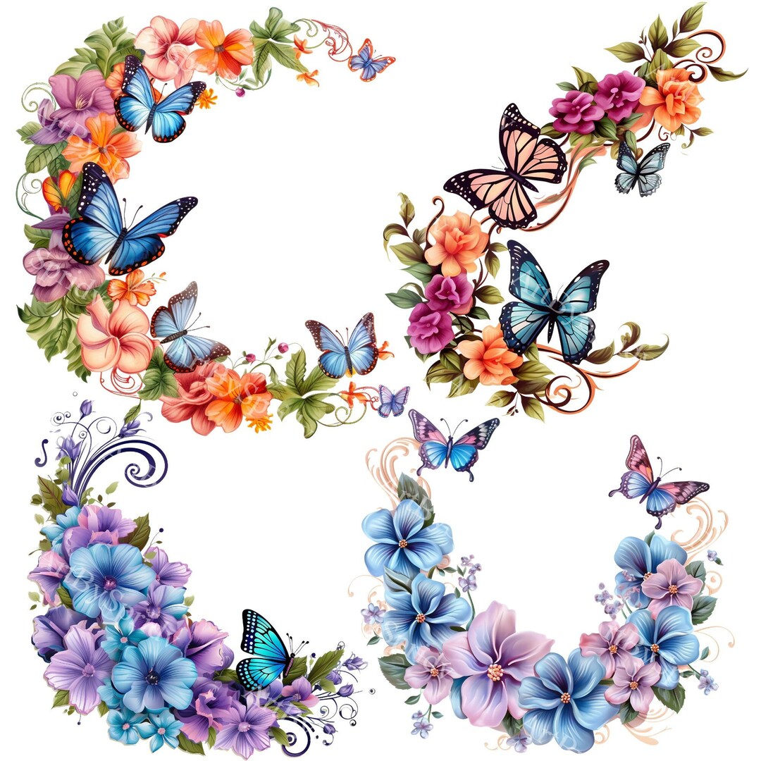 Floral Butterfly Clipart Set, Printable Sublimation PNG, Scrapbooking ...