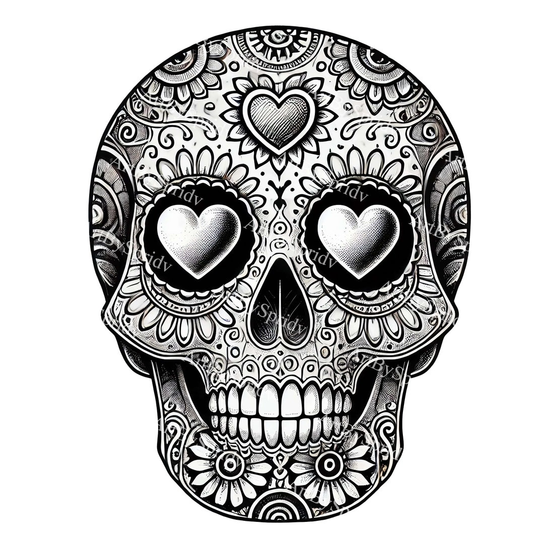 Sugar Skull Clipart With Heart Eye,day of the Dead Design,black&white ...