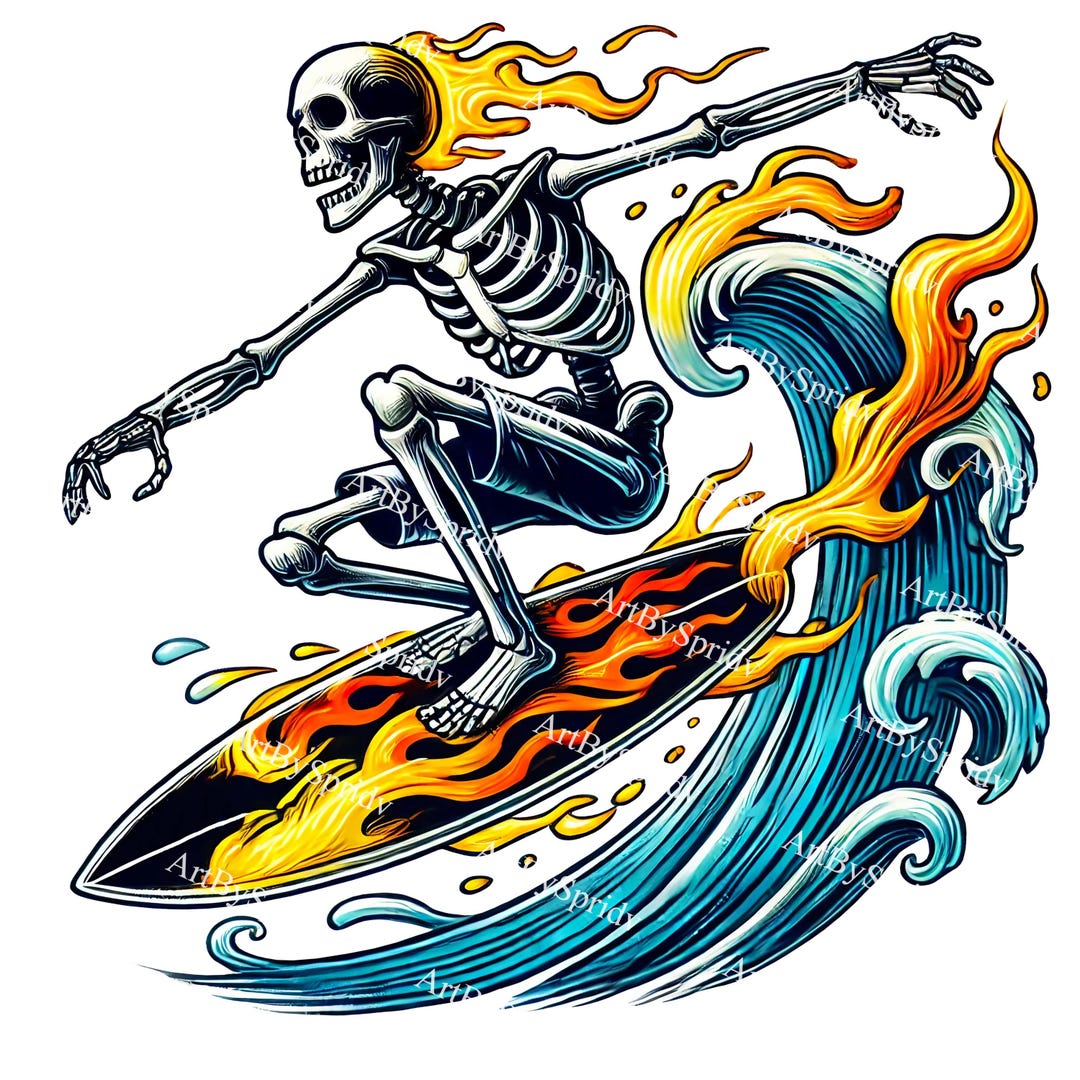 Flaming Skeleton Surfer PNG, Fire Skeleton Surfing Clipart,gothic Beach ...