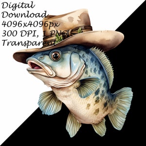 Watercolor Bass Fish With Cowboy Hat PNG Clipart for T-shirt ...