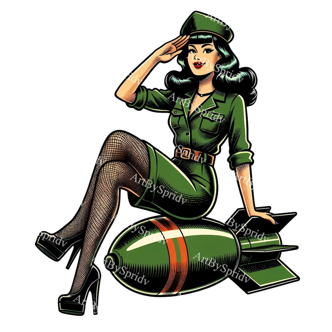 Vintage Military Pin-up Girl Clipart-retro Army Bombshell PNG-WWII Style Sexy Soldier Girl ...