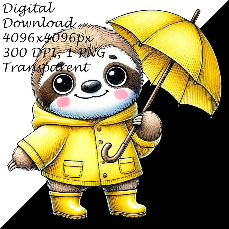 Sloth in Yellow Raincoat Holding Umbrella Download Digital PNG Clipart ...