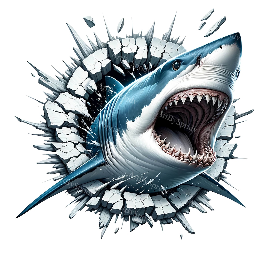 3D Effect Realistic Shark Wall Break PNG, Clipart for DTG, T-shirts ...