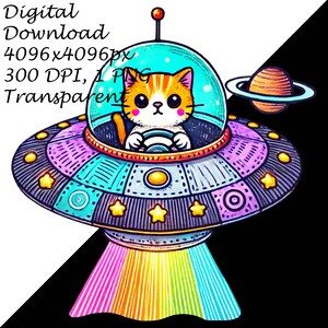 Kawaii Space Cat Transparent PNG, Cute Alien Kitty in UFO Clipart, Hand ...