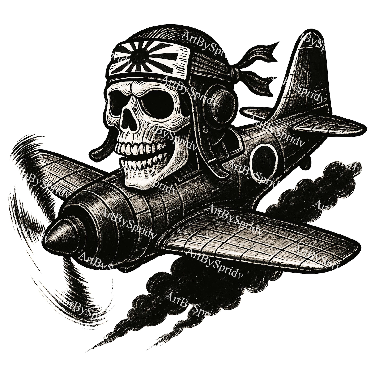 Vintage Skull Pilot in Warplane PNG | Kamikaze Skeleton Aviator Clipart ...