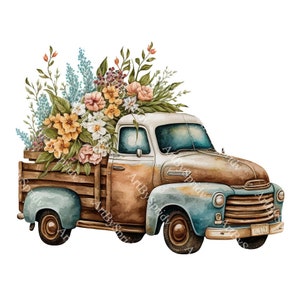 Watercolor Vintage Truck & Flowers PNG Clipart, Digital Download File ...
