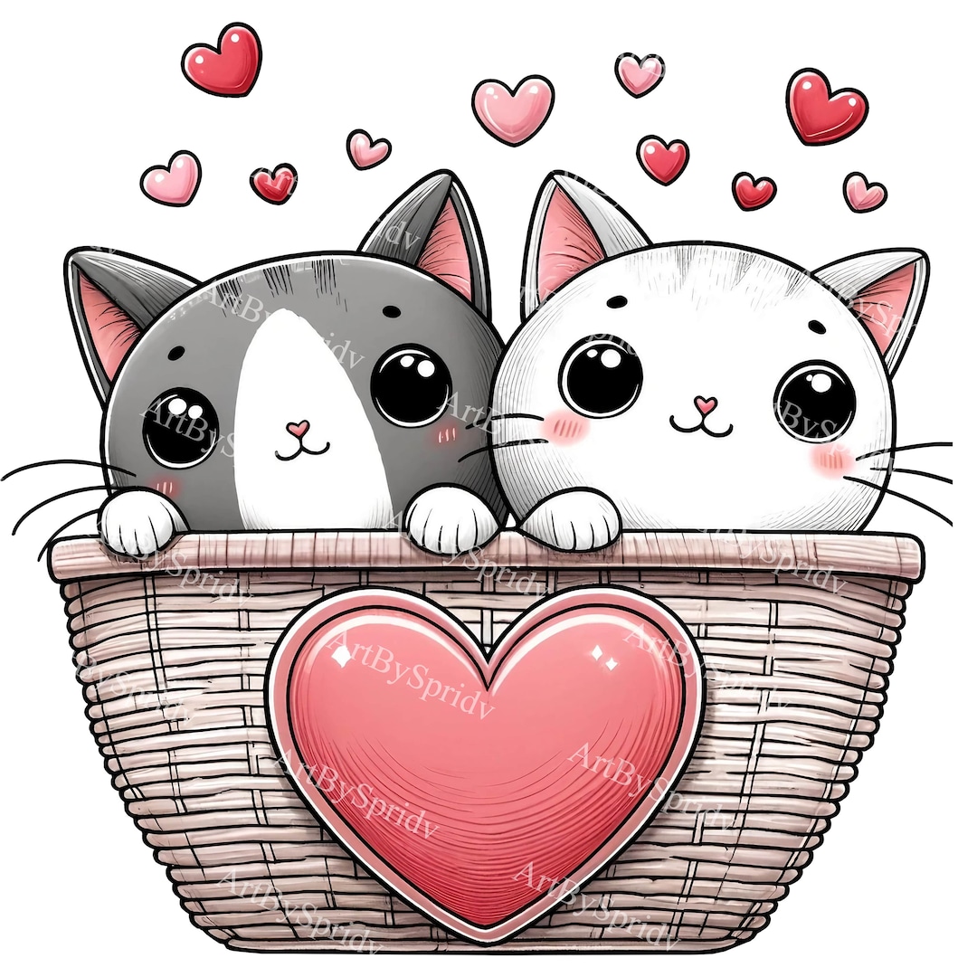 Cute Cat Clipart in Love, Adorable Kitten Digital PNG, Romantic Pet ...