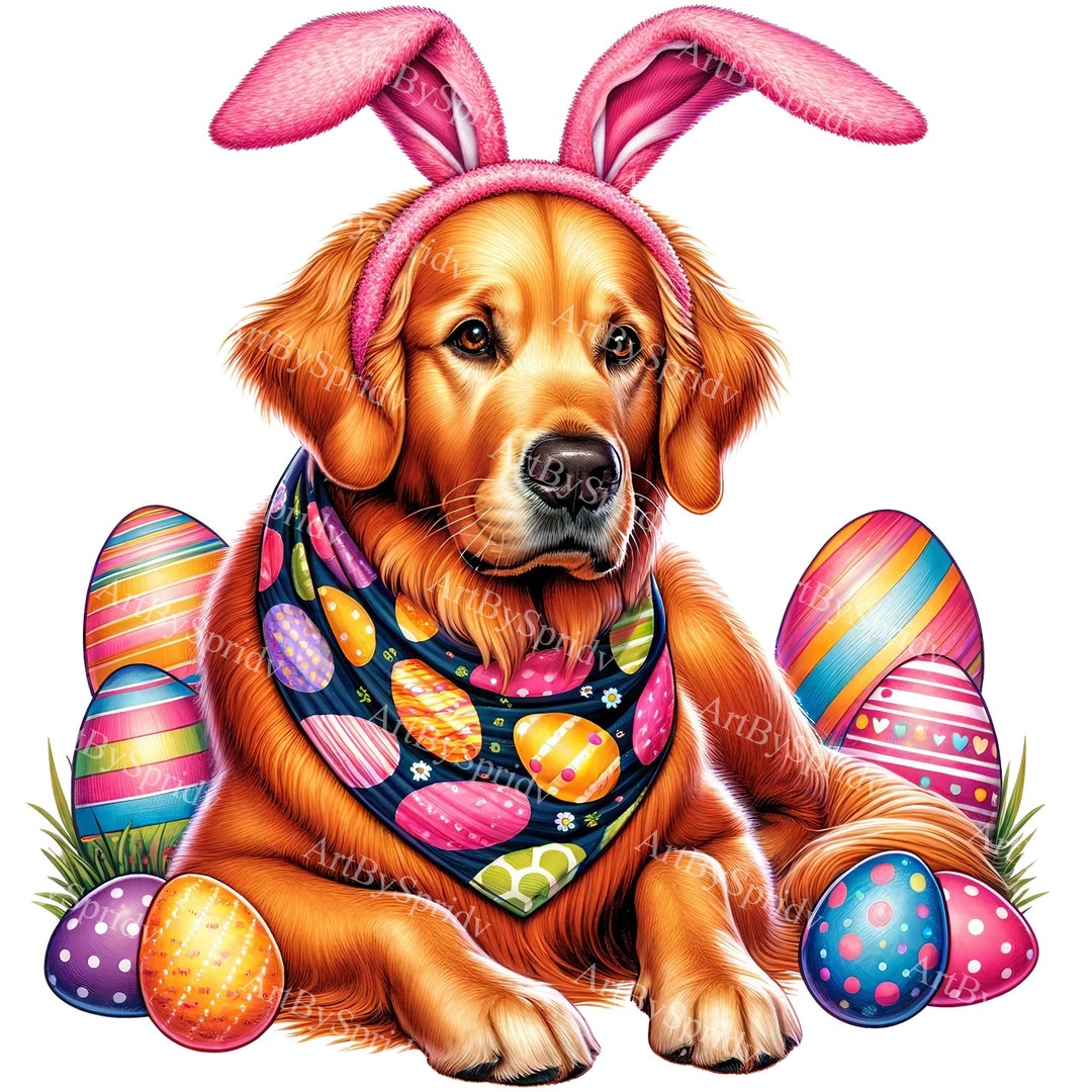 Easter Golden Retriever Clipart, Spring Dog With Bunny Ears, Printable ...