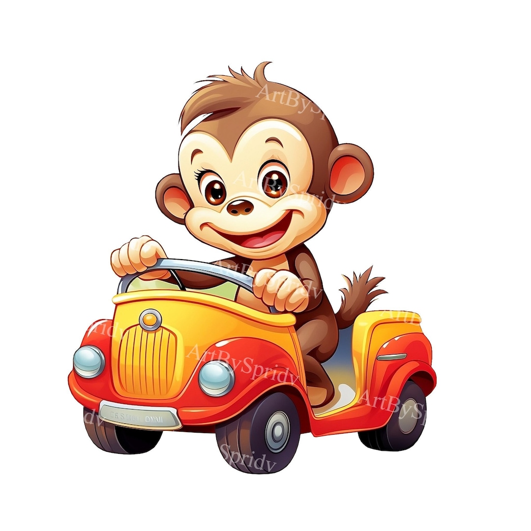 Adorable Monkey Driving a Toy Car Clipart – Transparent PNG Clip Art ...