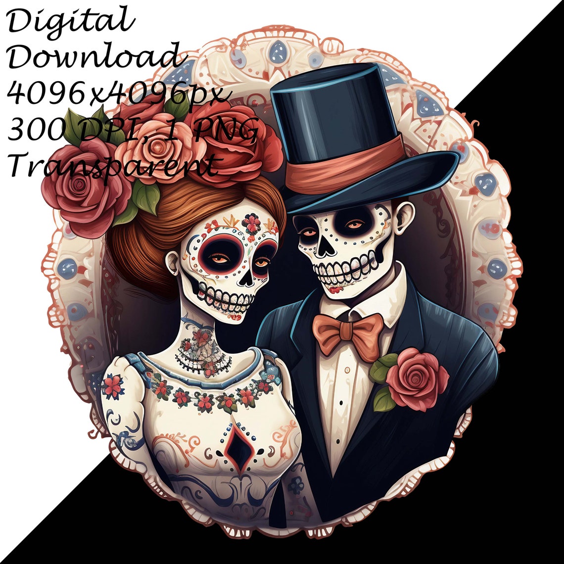 Day of the Dead Wedding Couple Clipart, Sugar Skull Bride & Groom, Dia ...