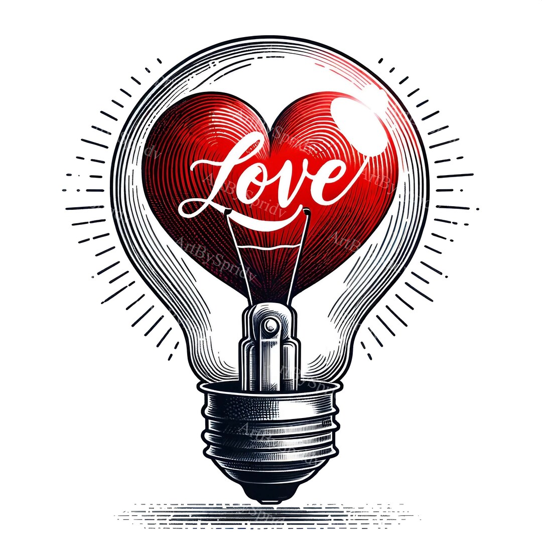 Valentine's Day Light Bulb Clipart With Red Heart and Love - Digital ...