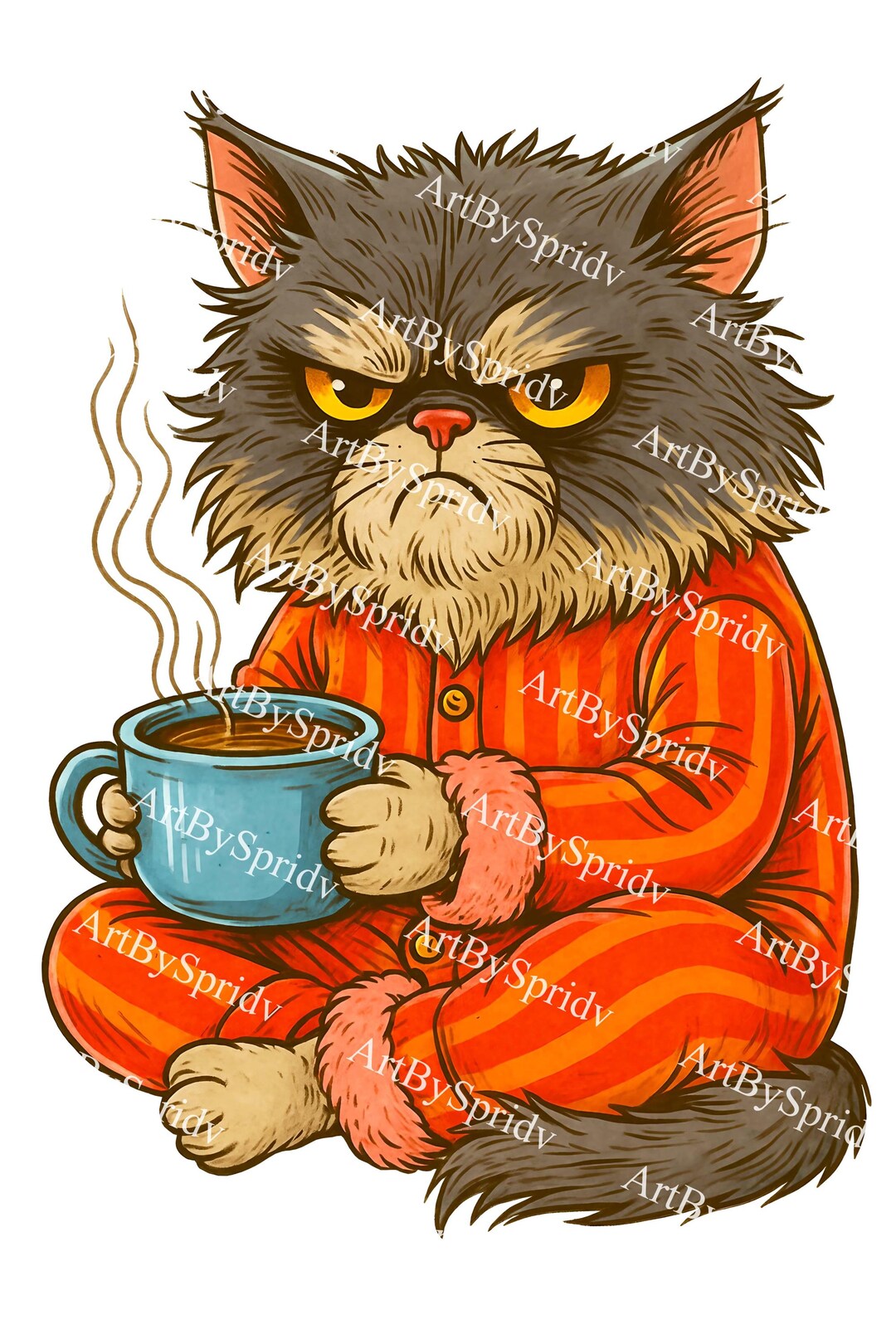 Grumpy Morning Cat PNG, Tired Cat in Pajamas Drinking Coffee Clipart ...
