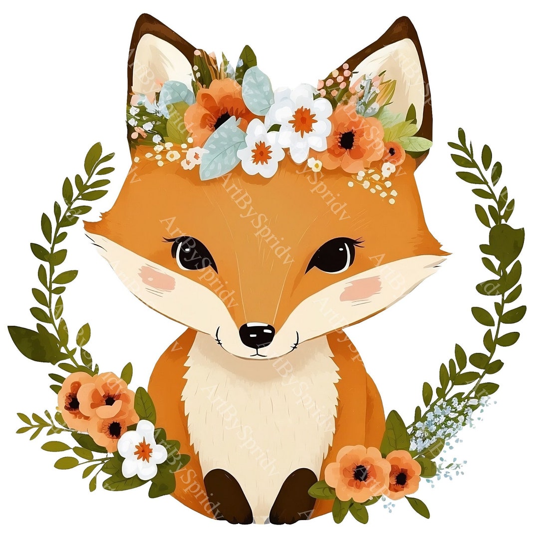 Adorable Baby Fox With Flower Crown PNG Clipart for Nursery, Woodland ...