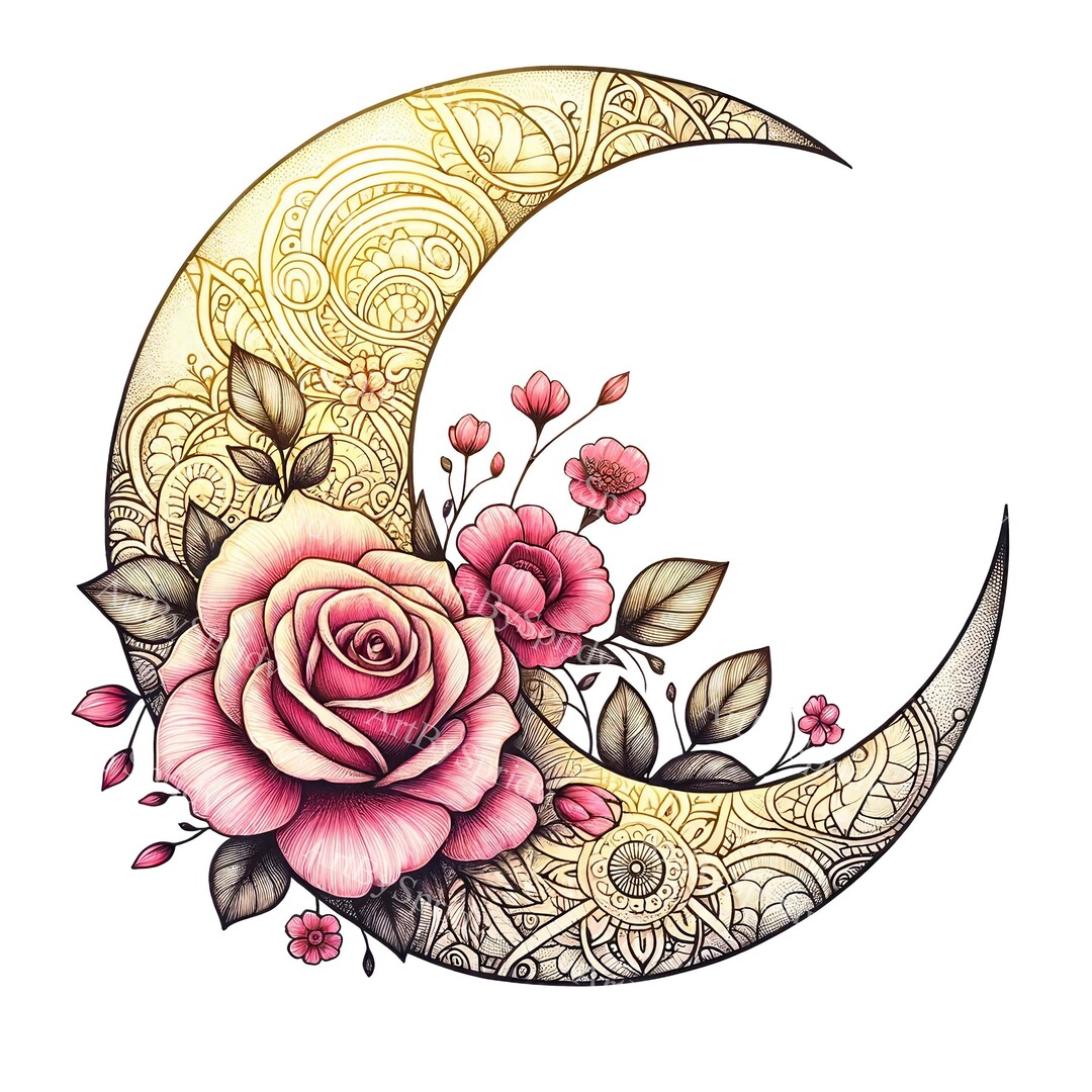 Floral Crescent Moon Clipart | Botanical Moon Phases PNG | Decorative ...