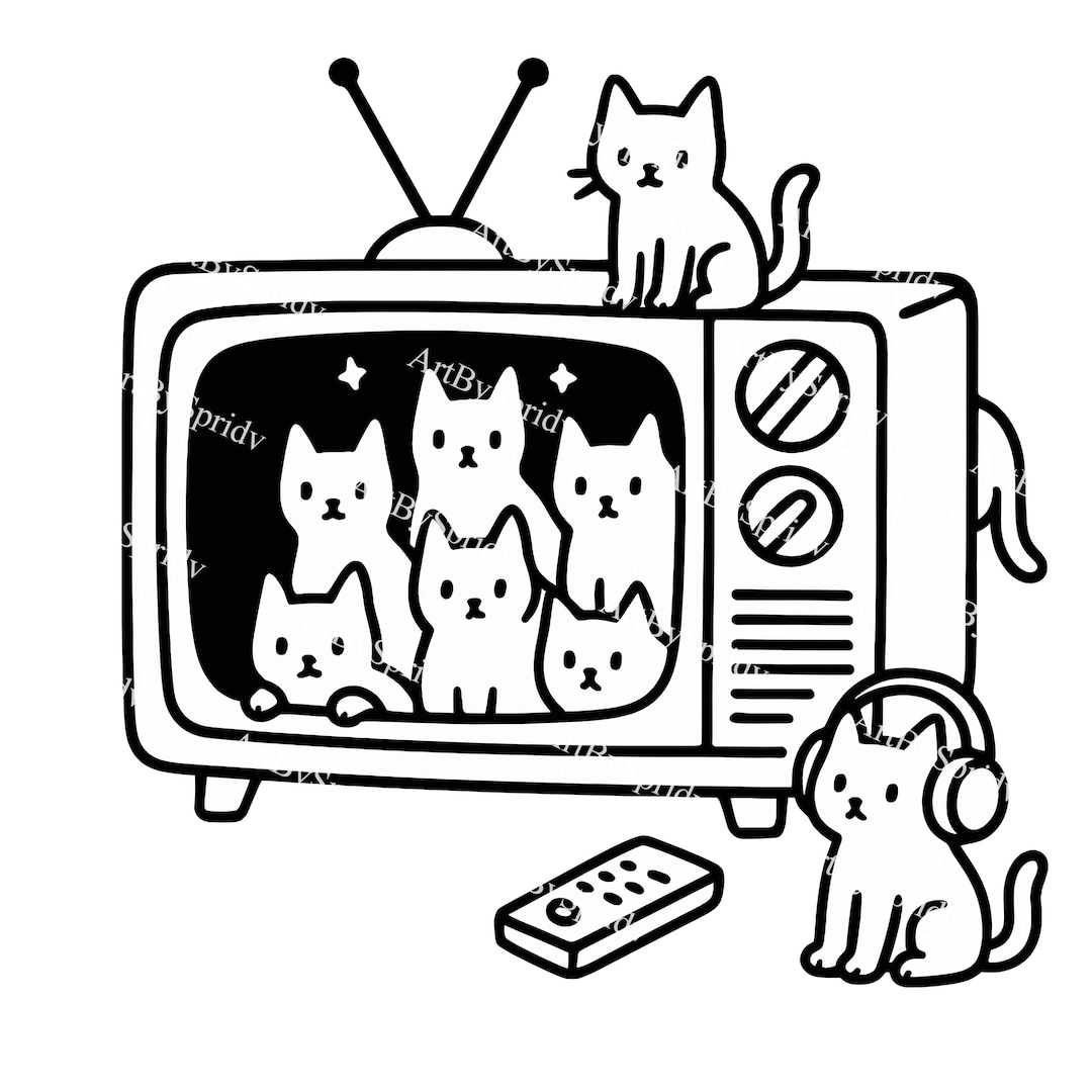 Retro TV Cat PNG Clipart, Kawaii Cats Watching Television Design, Funny ...