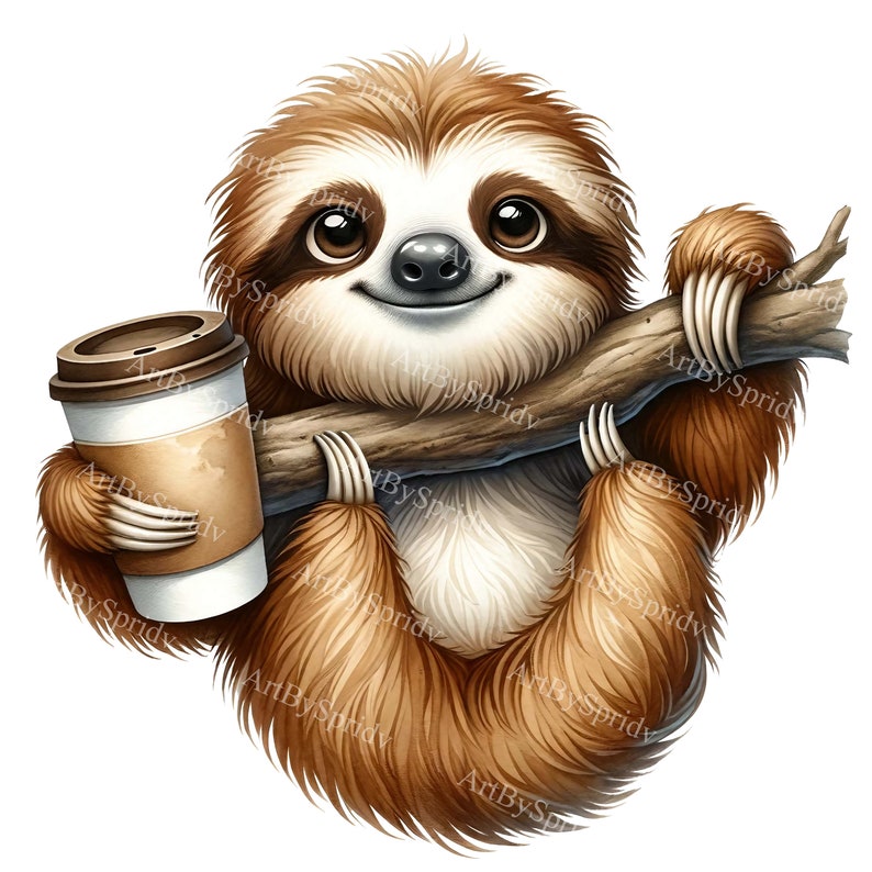 Sloth Clipart With Coffee Tumbler PNG, Cute Tree-hanging Sloth Digital ...